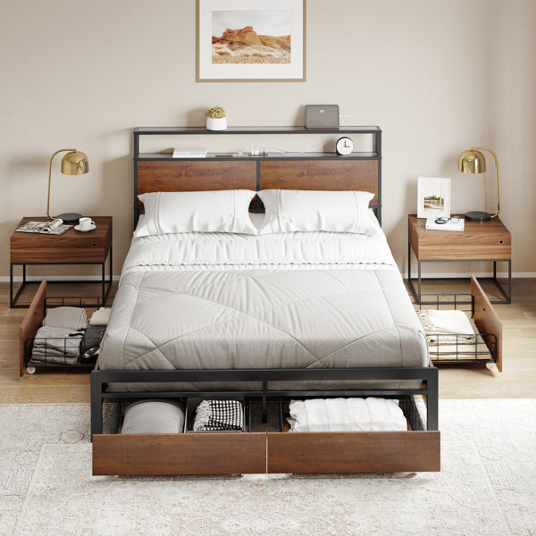17 Stories Bed Frame with 4 Drawers, Metal Frame with LED Lights and ... 17 Stories Bed Frame with 4 Drawers, Metal Frame with LED Lights and ...